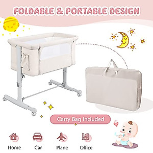 BABY JOY Bassinet Bedside Sleeper, 3 in 1 Folding Crib w/Adjustable Height, Mattress, Lockable Wheels, Storage Pocket & Carry Bag for Infant Newborn, Stationary & Rock, Portable Baby Bassinet (Beige)