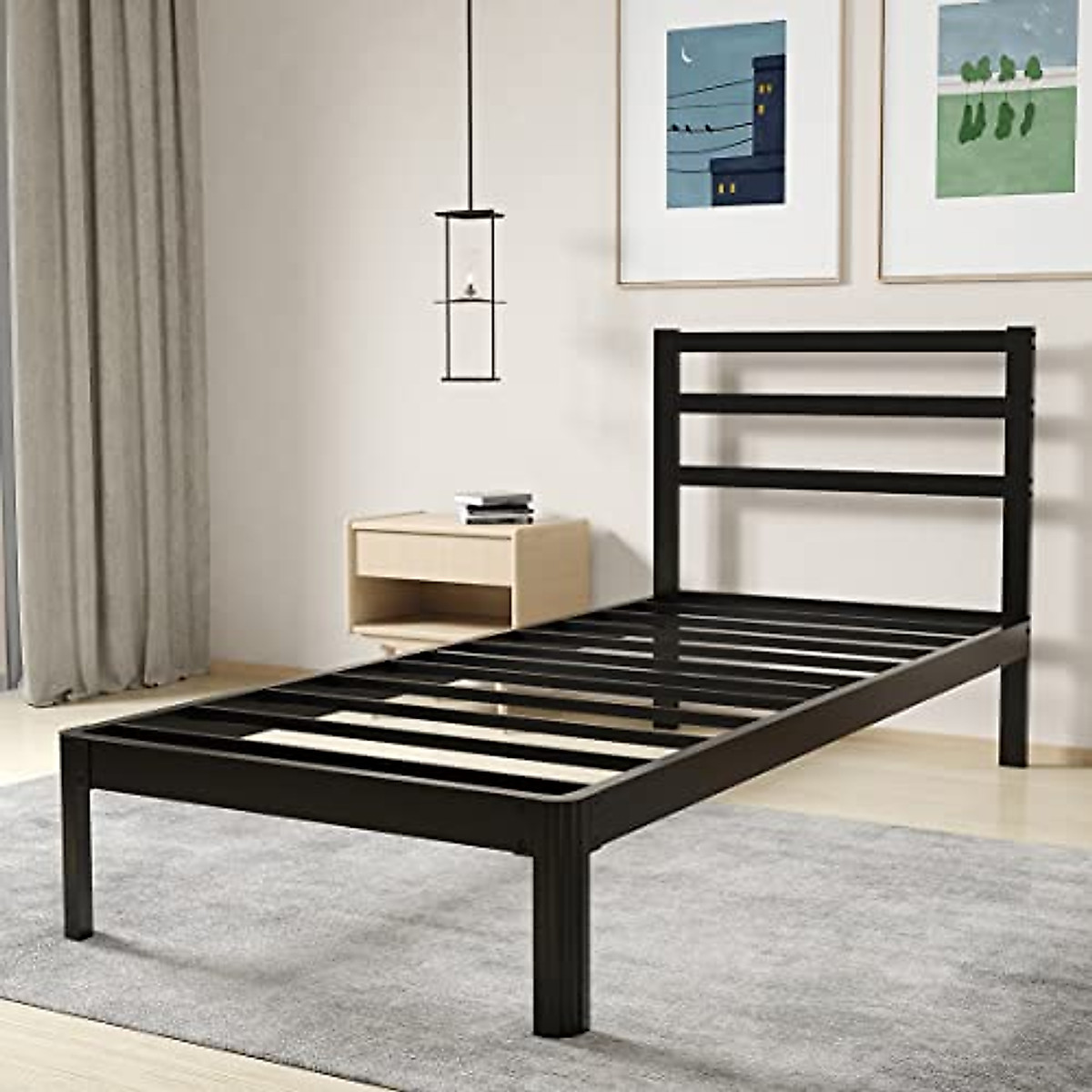 Woozuro Twin Bed Frames and Non Slip Mattress Stoppers, No Box Spring Needed, 14" Metal Platform Bed Frame, Heavy Duty Steel Slats Support, Noise Free Mattress Foundation,Black