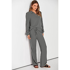 PRETTYGARDEN Women's Fall 2024 Two Piece Tracksuit Outfit Long Sleeve Lapel V Neck Tops Blouses Wide Leg Pants Matching Set (Grey,Large)