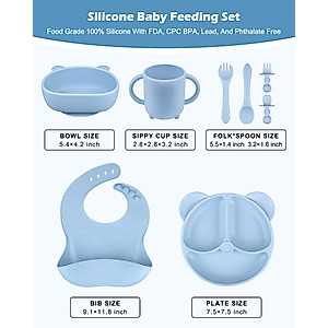 OFUN 8 Pack Silicone Toddler Feeding Set, Baby Led Weaning Supplies with Adjustable Bib, Divided Suction Plate, Bowl and a Sippy Cup, with 2 Spoon, 2 Folk, Eating Utensil for 6+ Months