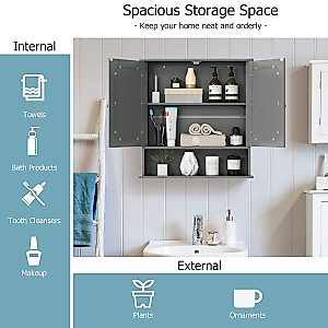 Salches Wall Mounted Bathroom 2 Mirrored Doors, Over-Toilet Hanging w/Shelves, Wooden Storage Organizer Medicine Cabinets, Grey