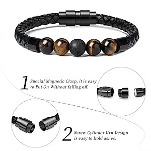 shajwo Cremation Jewelry Lava Stone Urn Bracelet for Ashes for Women Men Chakra Tiger Eyes Genuine Leather Memorial Bracelets