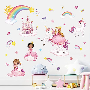 wondever Princess Unicorn Wall Stickers Castle Rainbow Peel and Stick Wall Art Decals for Girls Bedroom Kids Room Baby Nursery