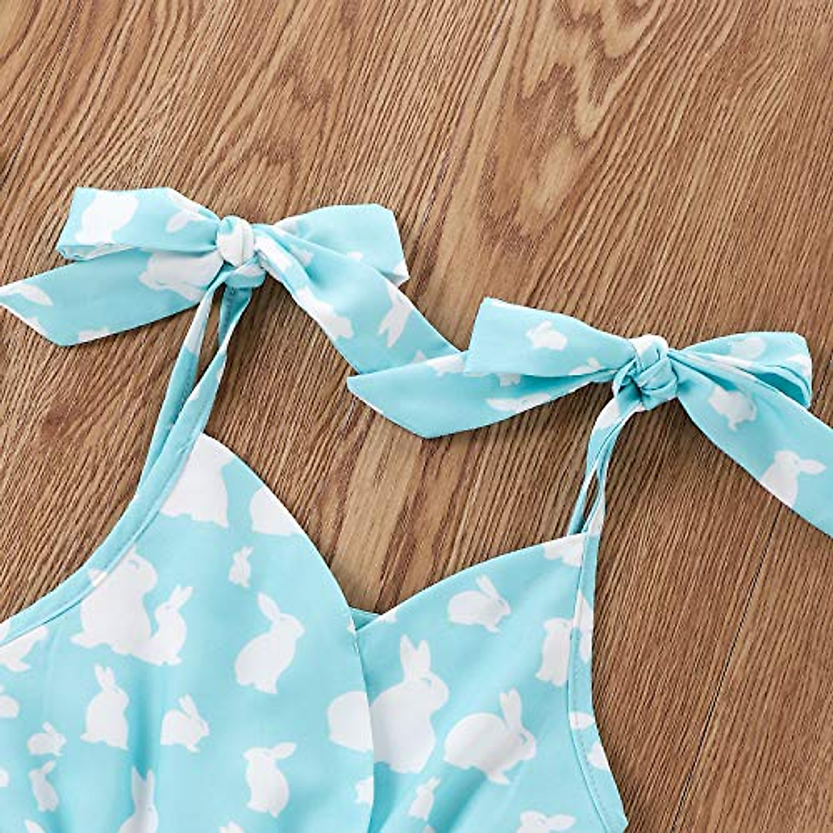 Flashing boy One-Piece Toddler Kid Baby Girl Easter Outfit Bowknot Strap Romper Ruffle Bunny Print Jumpsuit Headband (Blue-Rabbit, 3-4 Years)