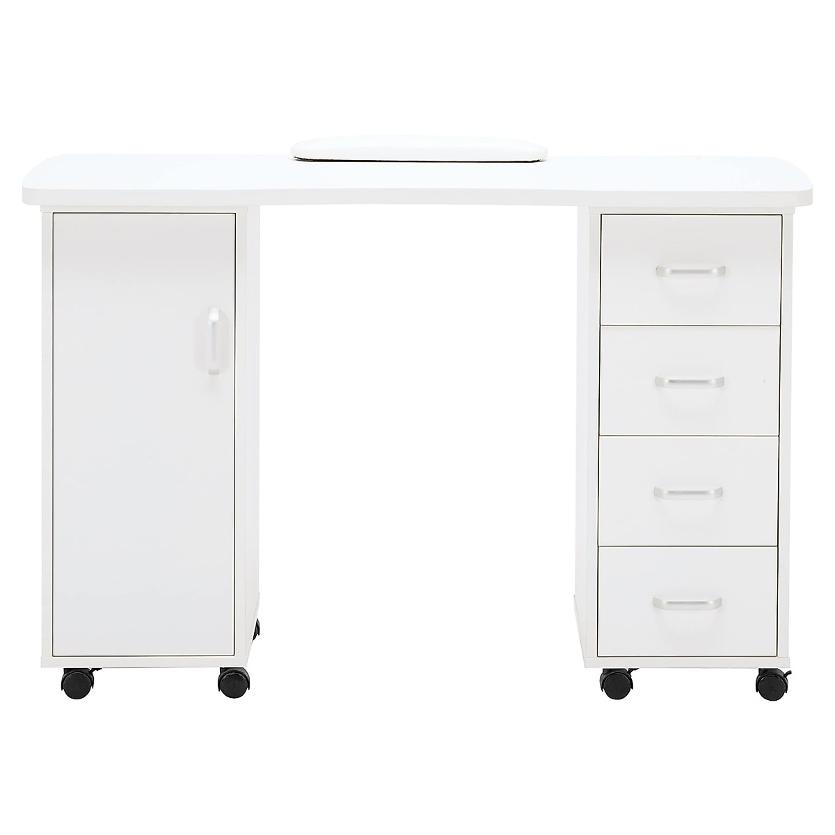 BarberPub Manicure Table, Acetone Resistant Nail Desk, Nail Table with 4 Drawers, 2 Cabinet, Lockable Wheels, Wrist Pad, Nail Desk for Nail Tech, Beauty Salon White 0611