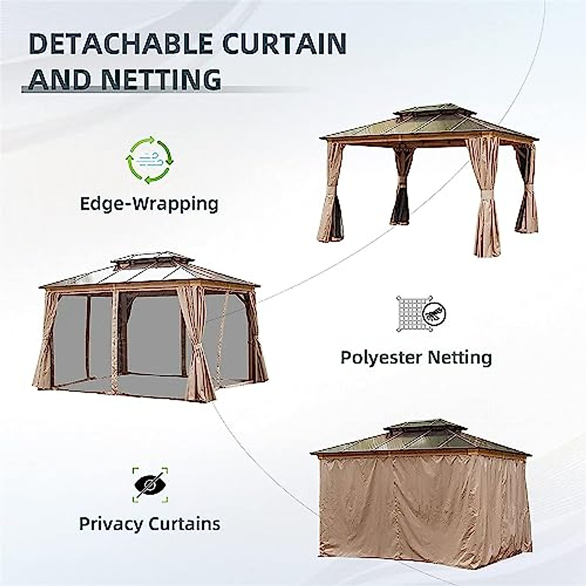 UBGO 10'x12' Hardtop Gazebo,Aluminum Gazebo Pavilion with Curtain and Net,Permanent Outdoor Gazebo with Polycarbonate Double Roof,for Garden, Patio, Lawns, Deck, Backyard-Yellow Brown