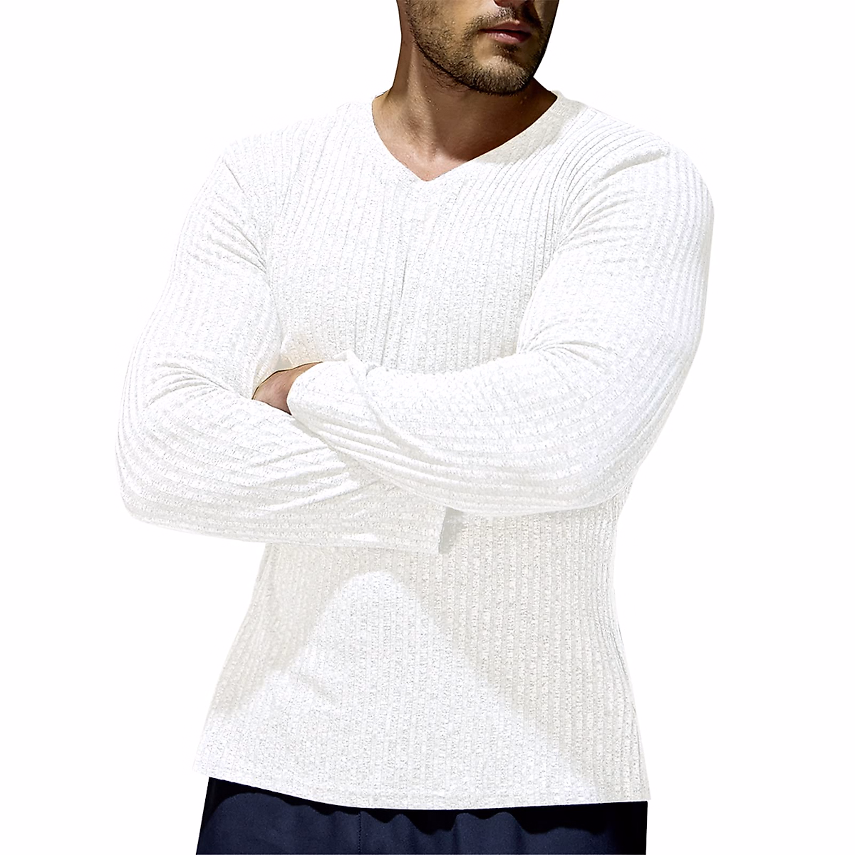 CTU Men's Fashion Athletic T-Shirts Long Sleeve Shirts Workout V Neck Solid Color Tee Shirt Top White