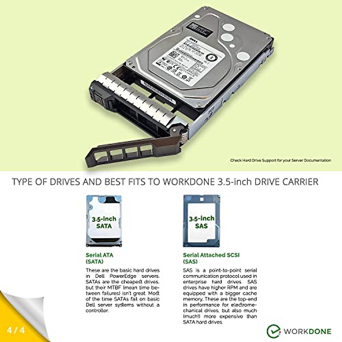 WORKDONE 4-Pack - 3.5 inch Hard Drive Caddy - Compatible for Dell PowerEdge Selected 11-13th Gen. Servers - with Detailed Installation Manual - Sled Front Sticker Labels - Screwdriver