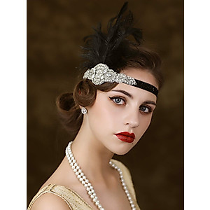 SWEETV 1920s Headpiece Flapper Headband, Rhinestone Feather Great Gatsby Headpiece Hair Accessories for Women (Black)
