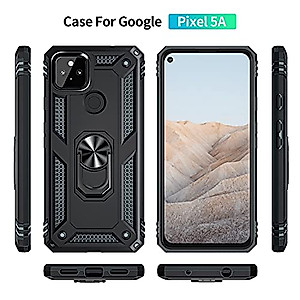 Oborzian Compatible for Google Pixel 5A Case with Screen Protector, Heavy Military Grade 360° Rotating Kickstand Holder TPU Phone Cover for Google Pixel 5A 5G(Black)