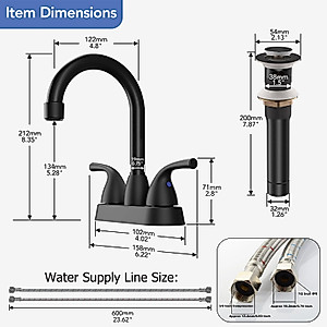 Phiestina Matte Black 4 Inch Centerset Bathroom Faucet, 2 Handle Deck Plate 2 or 3 Hole Bathroom Faucet, with Metal Pop-up Drain with Overflow & CUPC Water Supply Line, BF02011-B11-MB