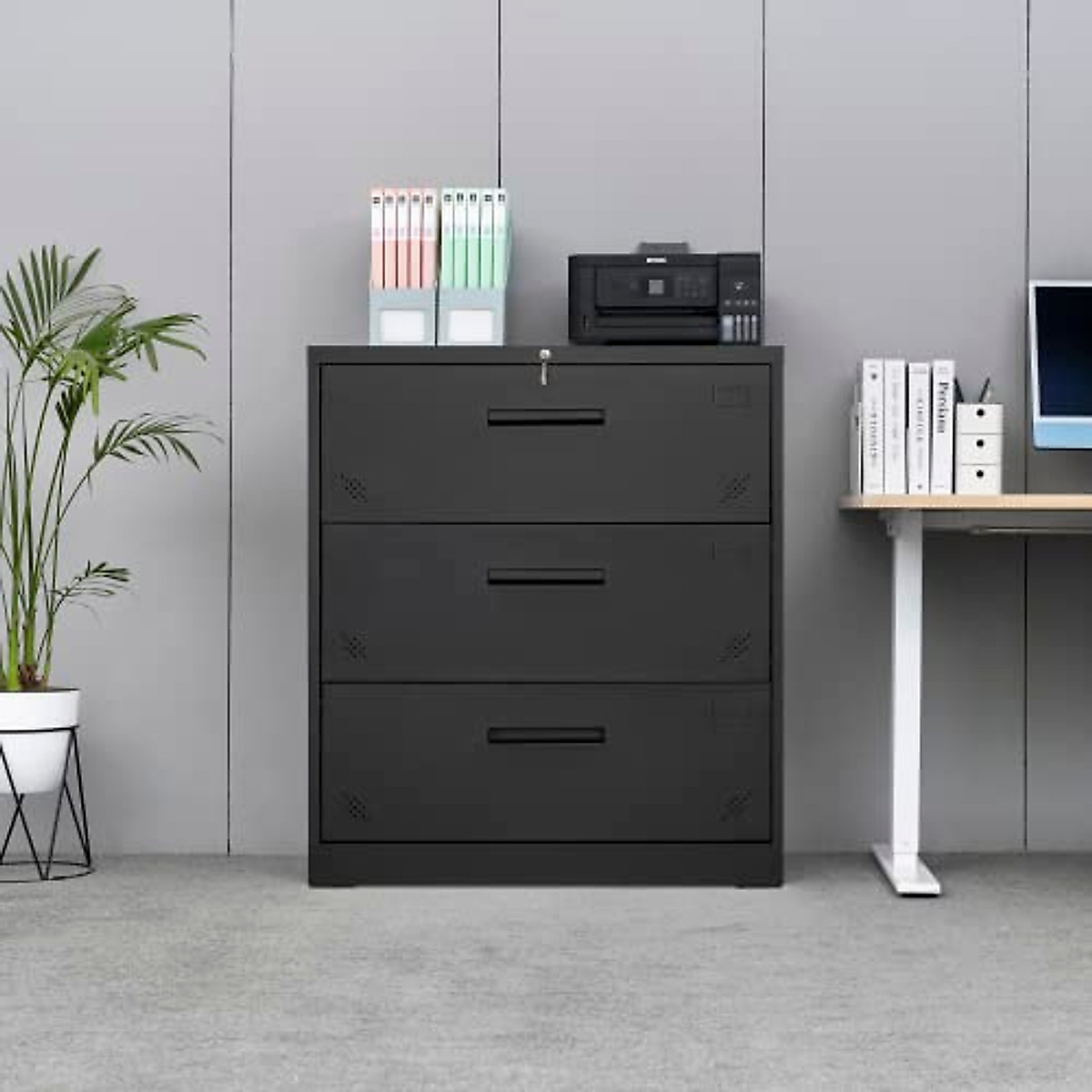 Lateral File Cabinet with Lock, 3 Drawer Lateral Filing Cabinet for Legal/Letter A4 Size, Locking Wide File Cabinet for Home Office, Metal Steel (Black, 3 Drawer)