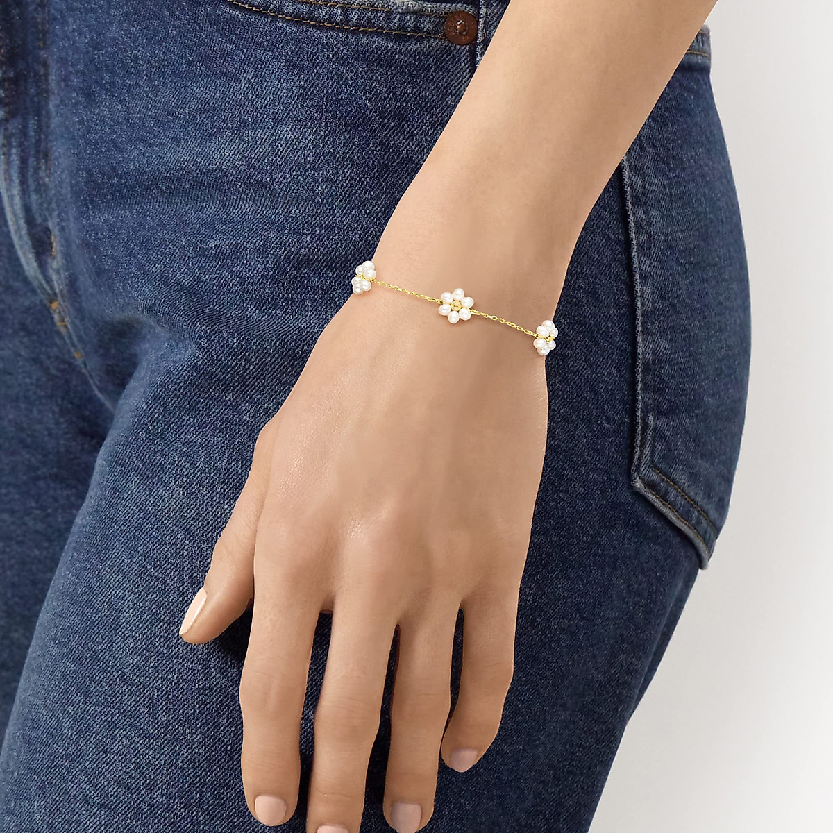 RS Pure by Ross-Simons 3-3.5mm Cultured Pearl Flower Bracelet in 14kt Yellow Gold. 6.5 inches