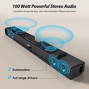 Sound Bars for TV, KMOUK Sound Bar with Built-in Dual Subwoofers, Soundbar with 6 Speakers, 4 Equalizer Mode Bluetooth 5.0, HDMI ARC/Optical/AUX Connection, 100W Soundbar 2.1 with Bass