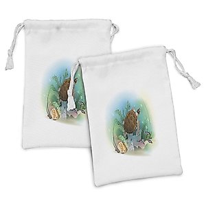 Ambesonne Ocean Fabric Pouch Set of 2, Sea Turtle Swims in the Ocean Tropical Underwater World Aquarium Illustration Print, Small Drawstring Bag for Toiletries Masks and Favors, 9" x 6", Green Brown