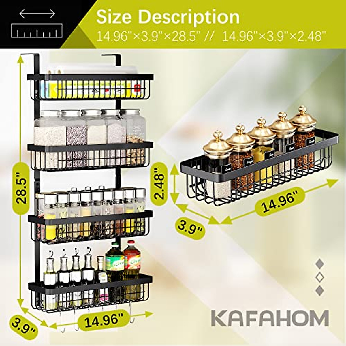 KAFAHOM Magnetic Spice Rack for Refrigerator, 4 Pack Spice Racks Organizer, Magnet Spice Rack Saves Space in Fridge, Kitchen Spice Storage Rack,Black
