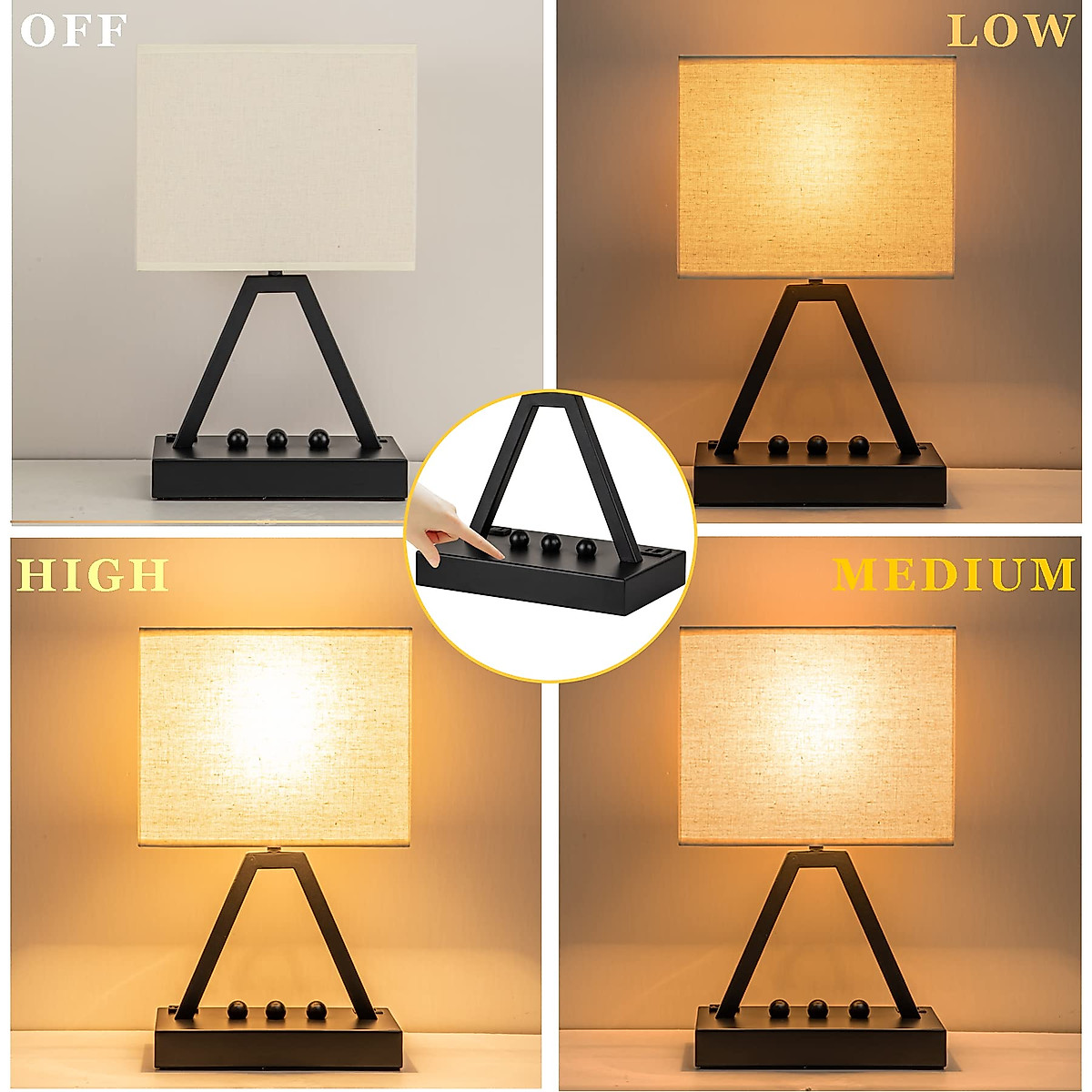 Briever USB C Touch Control Table Lamp, 3-Way Dimmable Desk Lamp with USB C & USB A and AC Outlet, Bedside Lamps with Phone Stands for Bedroom, Living Room, Office, LED Bulb Included, Black