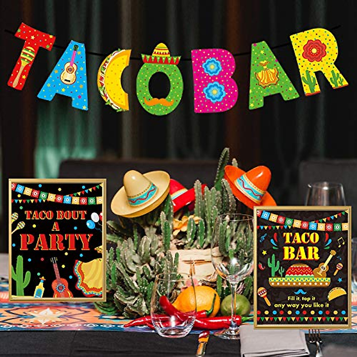 Taco Bar Decoration Kit Mexican Banner Table Sign Food Tent Cards Cinco De Mayo Fiesta Birthday Party Bachelorette Bridal Shower Favors Supplies,Set of 22