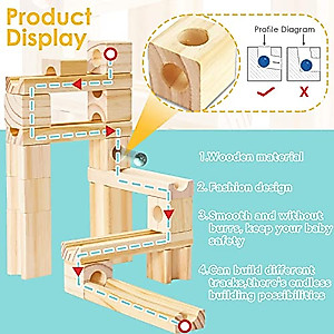 Wooden Marble Run for Kids Ages 4-8, 80 Pieces Wood Building Blocks Toys and Construction Play Set, Marble Track Maze Game STEM Learning Toys Gifts for Boys Girls (80pc Set)