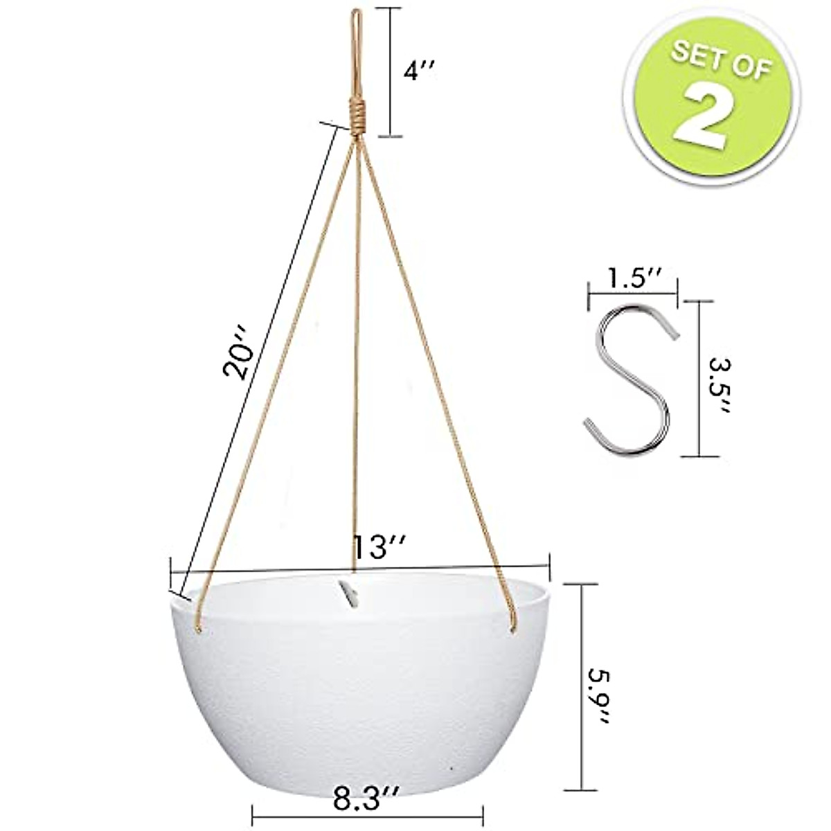 SwinDuck 13 Inch 2 Pack Large Hanging Planters for Indoor Outdoor Plants, Plastic Hanging Basket Pots for House Plants Flowers, White