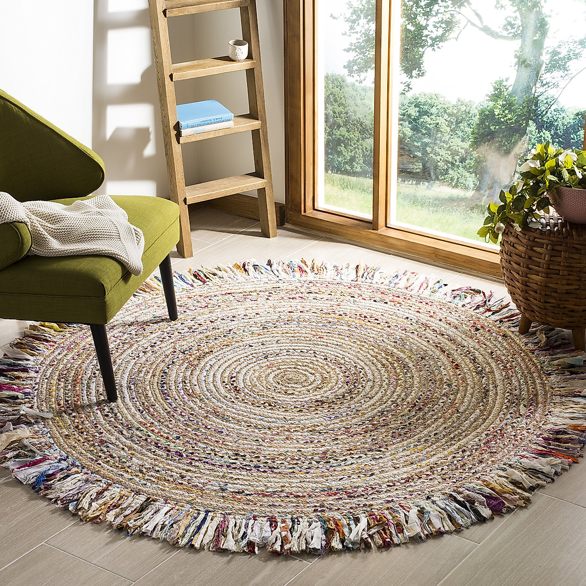 SAFAVIEH Cape Cod Collection Area Rug - 4' Round, Ivory & Light Beige, Handmade Boho Fringe Jute & Cotton, Ideal for High Traffic Areas in Living Room, Bedroom (CAP206B)