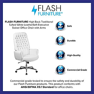 Flash Furniture Rochelle High Back Traditional Tufted White LeatherSoft Executive Swivel Office Chair with Arms