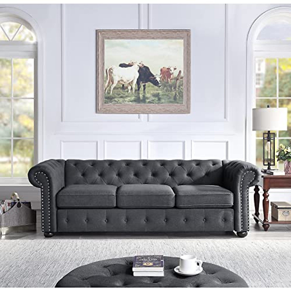 Corvus Aleksis Tufted Chesterfield 3-Seater Sofa with Rolled Arms Dark Grey Wood, Fabric Nailheads, Removable Cushions