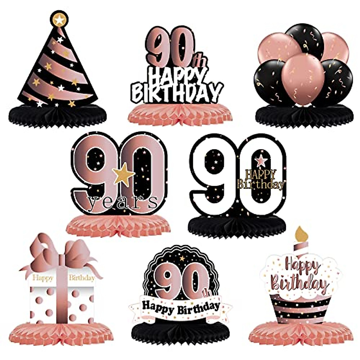 LINGTEER Happy 90th Birthday Rose Gold Table Honeycomb Centerpieces Cheers to 90th Birthday Ninety Years Old Party Table Decorations Gift Sign.