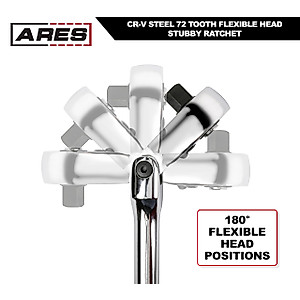 ARES 42044 - Flex Head Stubby Ratchet - 3/8-Inch Drive 72-Tooth Ratchet - Premium Chrome Vanadium Steel Construction & Mirror Polish Finish - Quick Release Reversible Direction Head Design
