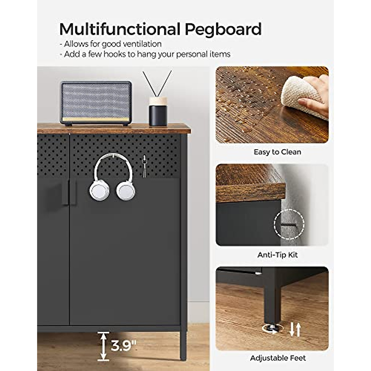 SONGMICS Storage Sideboard, Buffet Table with Adjustable Shelves, Floor Storage Cupboard, Steel Frame, Rustic Brown and Black ULSC102B01