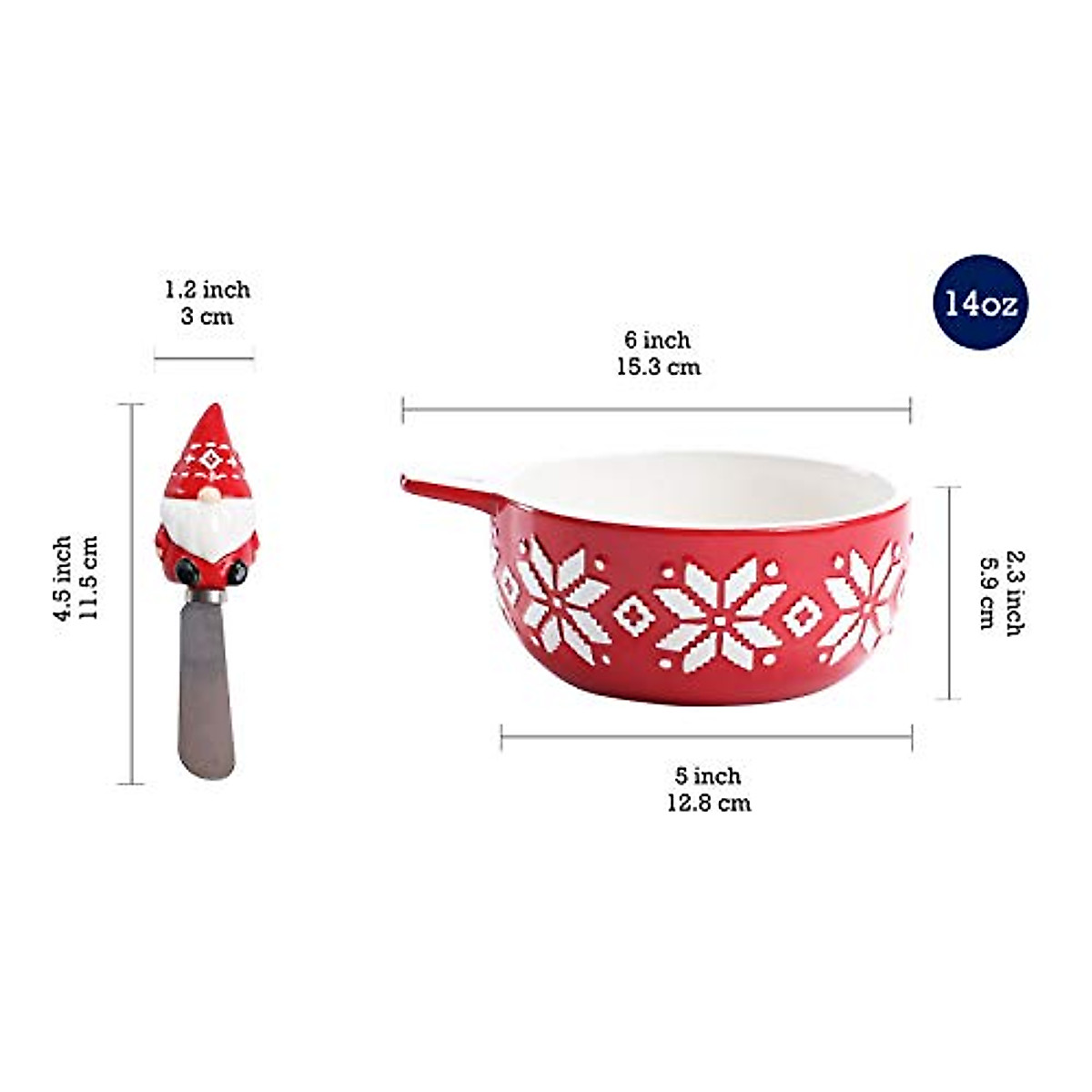 Bico Red Christmas Gnome Dip Bowl with Spreader, Handpainted Ceramic, Dishwasher Safe