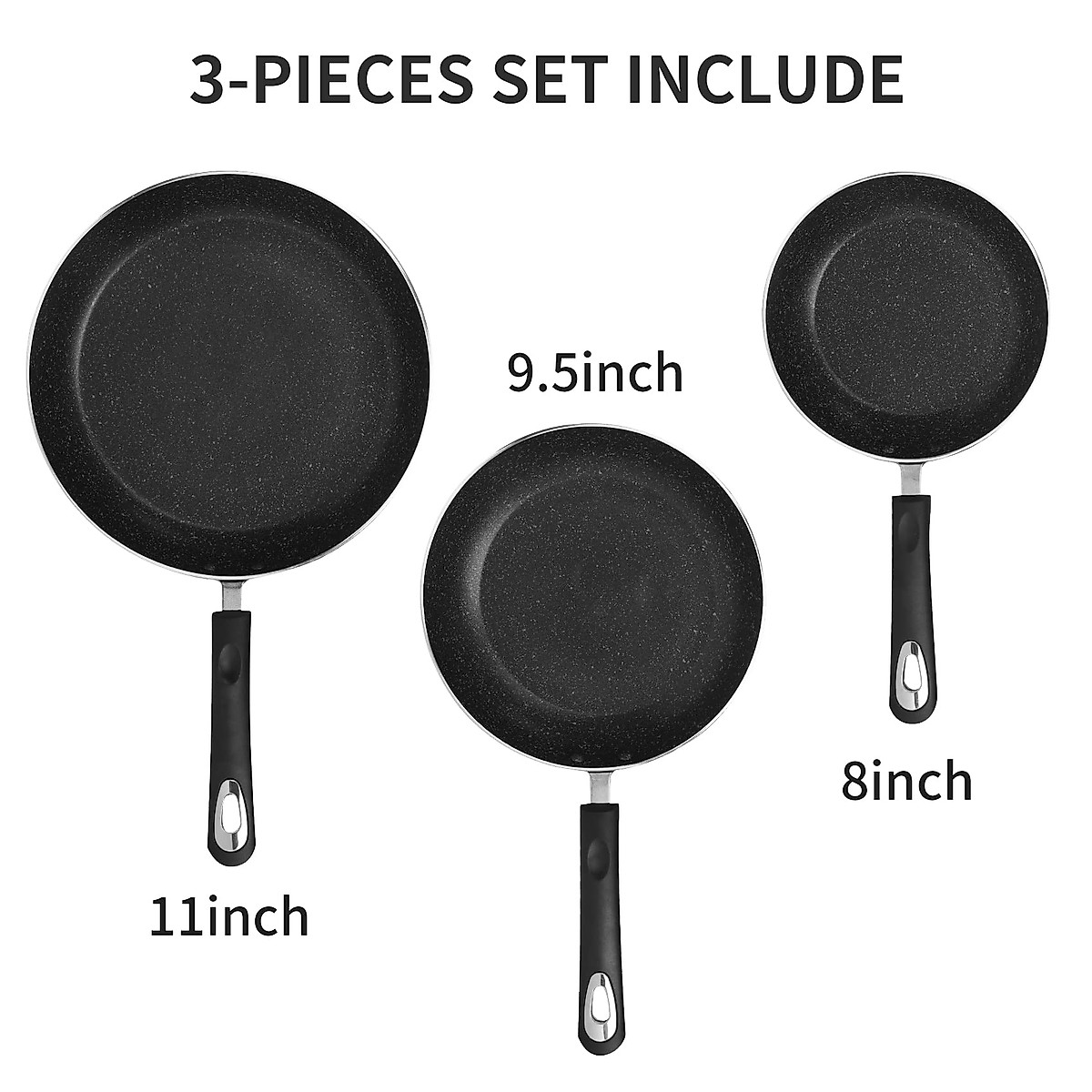 RATWIA Frying Pan 3-Piece Set, Nonstick Skillet Set for Induction Cooktop, Frying Pan Nonstick 8 Inch+9.5 Inch +11 Inch (Black)