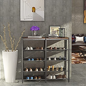 Lamerge Shoe Rack Storage Organizer, 5-Tier Shoe Storage Shelf for 16 Pairs,Stackable Shoe Shelf with 4 Metal Mesh Shelves /wood tabletop,for Entryway, Hallway, Closet, Dorm Room,Rustic Brown