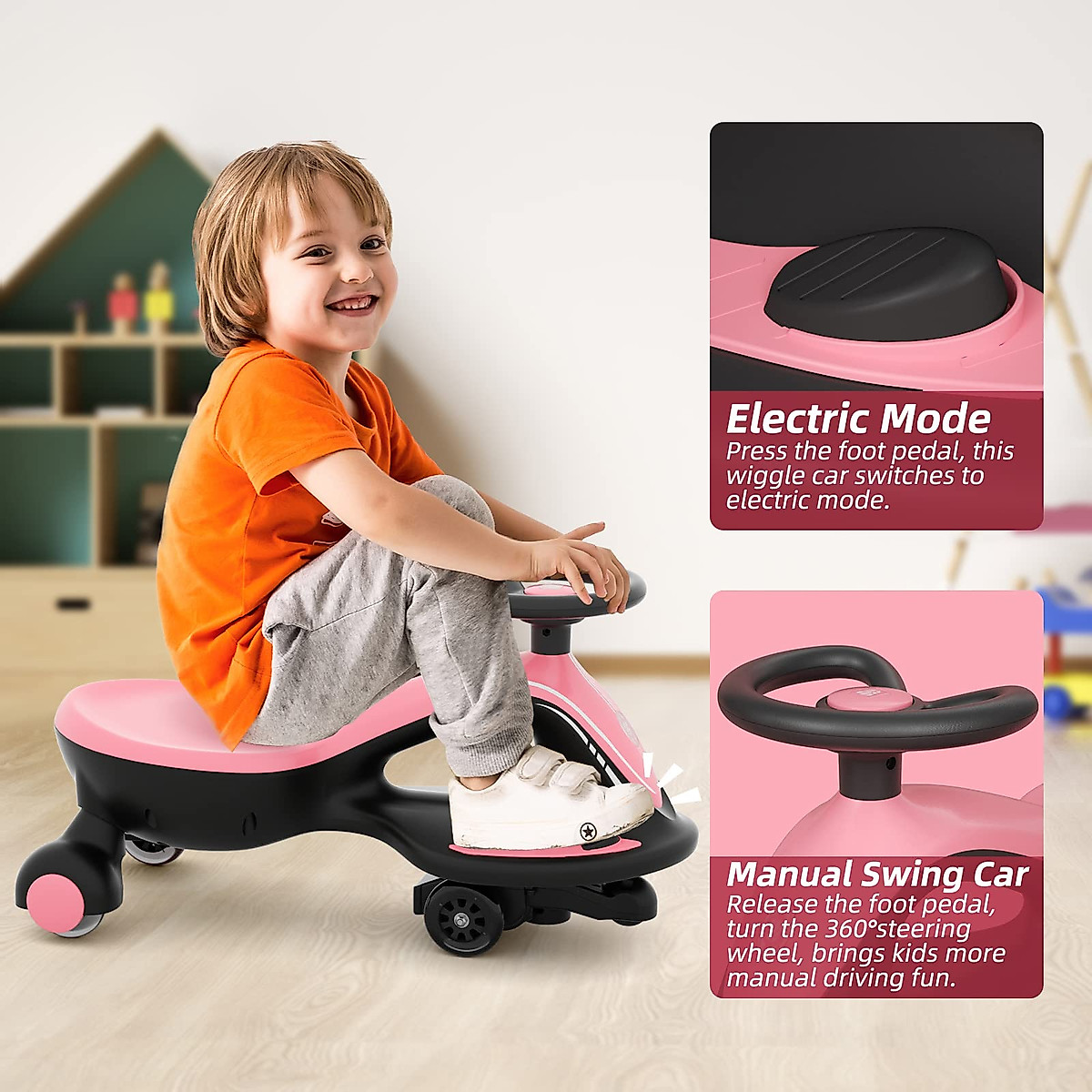 Glaf Electric Wiggle Car Ride On Toys for Kids 3+ Years Old Electric Vehicles for Toddler Boys Girls with Rechargable Battery Powered Pedal Anti-Rollover Wheels with Lights (Pink)