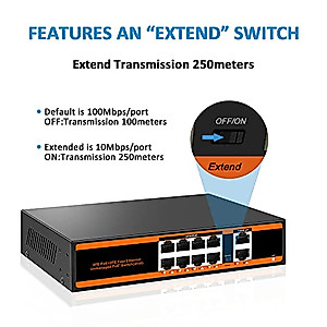 YIDUOYUNCAI 10 Ports PoE Switch,8*100Mbps Port PoE+2*100Mbps UpLink Port,150W Built-in Power,802.3af/at,Metal Fanless,Extend to 250Meter,WallMount,Unmanaged Plug and Play