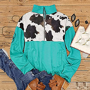 MIASHUI Women Half Zip Casual Cow Print Patchwork Pullover Long Sleeve Sweatshirt Pullover Top with Pocket (Green, M)
