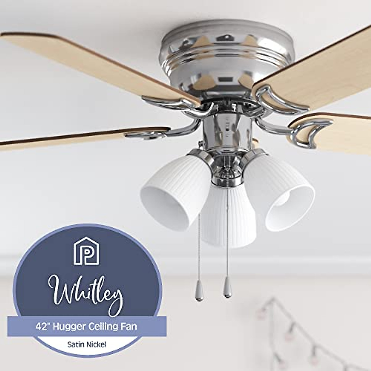 Prominence Home Whitley, 42 Inch Traditional Flush Mount Indoor LED Ceiling Fan with Light, Pull Chain, 5 Dual Finish Blades, Reversible Motor - 50863-01 (Satin Nickel), Bright Brass