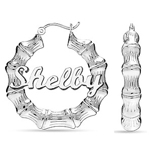 LeCalla Personalized Bamboo Earrings with Name Customized 925 Sterling Silver Bamboo Name Hoop Earrings for Women