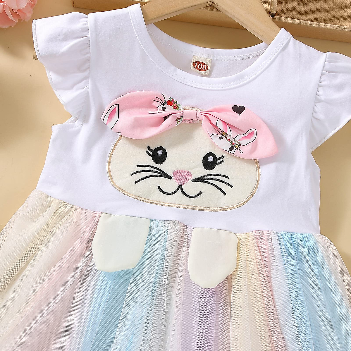 Kids Toddler Baby Girls Easter Dresses Outfits Clothes Flutter Sleeve Easter Bunny Princess Tulle Tutu Dress Playwear Sundress 18-24 Months Rainbow