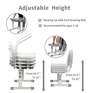 Gowxil Kids Study Desk and Chair Set, Multi Functional Height Adjustable Children School Study Desk with Tilt Desktop, Bookstand, LED Light, Metal Hook and Storage Drawer for Boys Girls, Grey