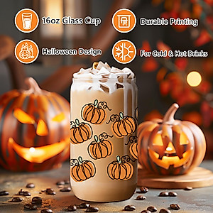 LEADO Fall Pumpkin Cup, Halloween Iced Coffee Cup, 16 oz Aesthetic Cute Glass Cups with Lids and Straws, Thanksgiving Tumbler Mug - Fall Gifts, Halloween Boo Basket Gifts for Women, Her, Adult