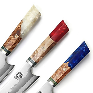 MITSUMOTO SAKARI 8 inch Japanese Kiritsuke Chef Knife, Hand Forged 67 Layers 440C Damascus Steel Kitchen Knives, Professional Meat Sushi Chef's Knife (Blue Pomegranate Handle & Gift Box)