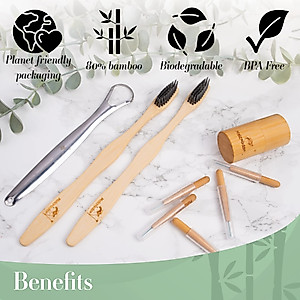 Bamboo Toothbrushes Set - Holder Charcoal Dental Floss,Interdental Brushes and Metal Tongue Scraper