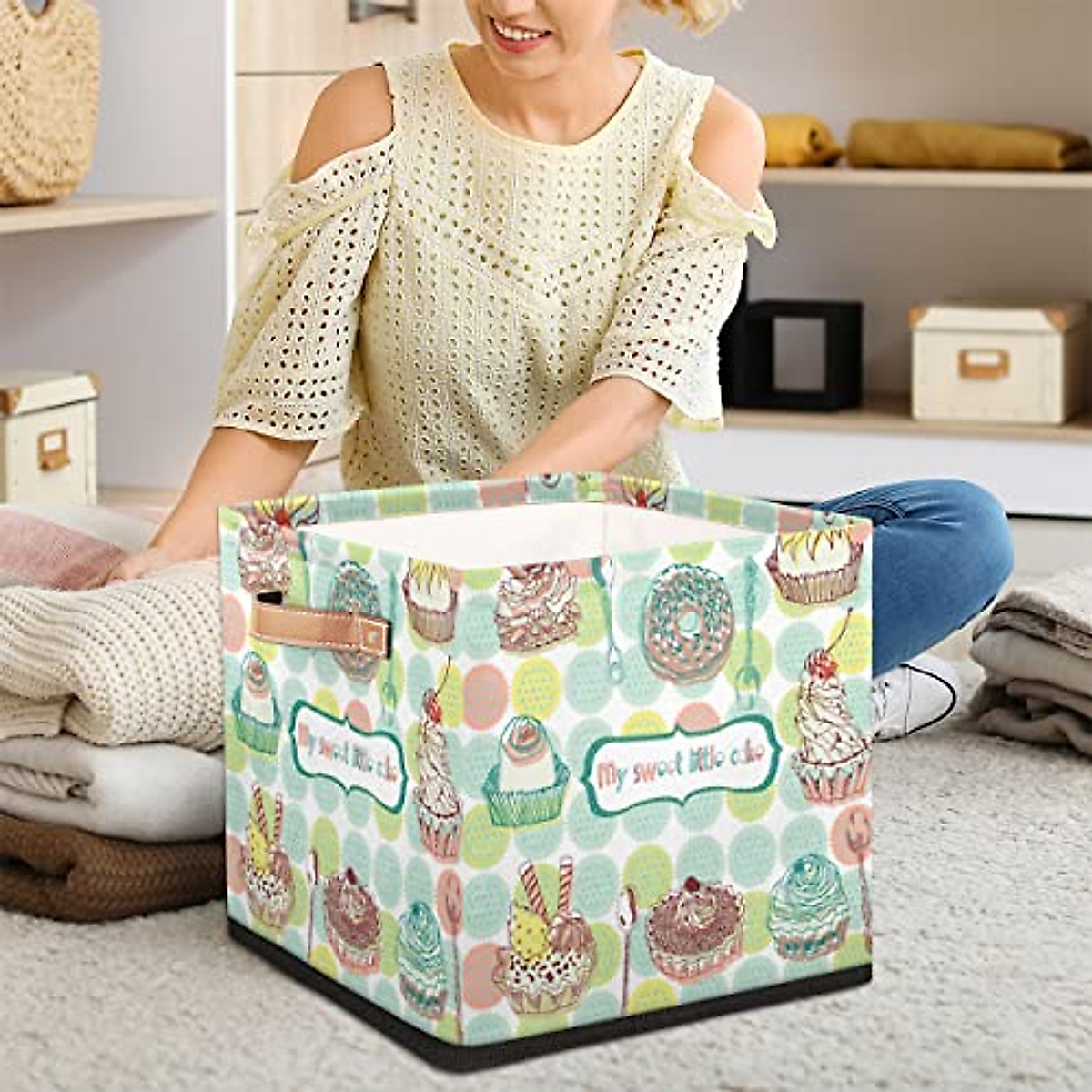 Cake Large Collapsible Storage Bins,Ice Cream Decorative Canvas Fabric Storage Boxes Organizer with Handles,Cube Square Baskets Bin for Home Shelves Closet Nursery Gifts