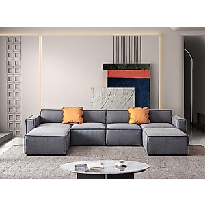 Moxoq Luxury Modern Modular U-Shaped Sectional Sofa Set, Minimalist Linen Fabric Upholstered Comfy Couch with Convertible Chaise, Large Cloud Couch for Living Room (Dark Grey, U-Shaped)