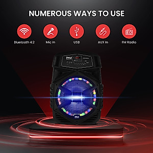 Pyle 12'' Portable Bluetooth Speaker System - 1000W Karaoke Speaker w/ LED Lights, USB/Micro SD/FM/BT/Aux/Remote Control/Mic & Guitar Inputs, Built-in Rechargeable Battery w/ Wheels & Handle Bar