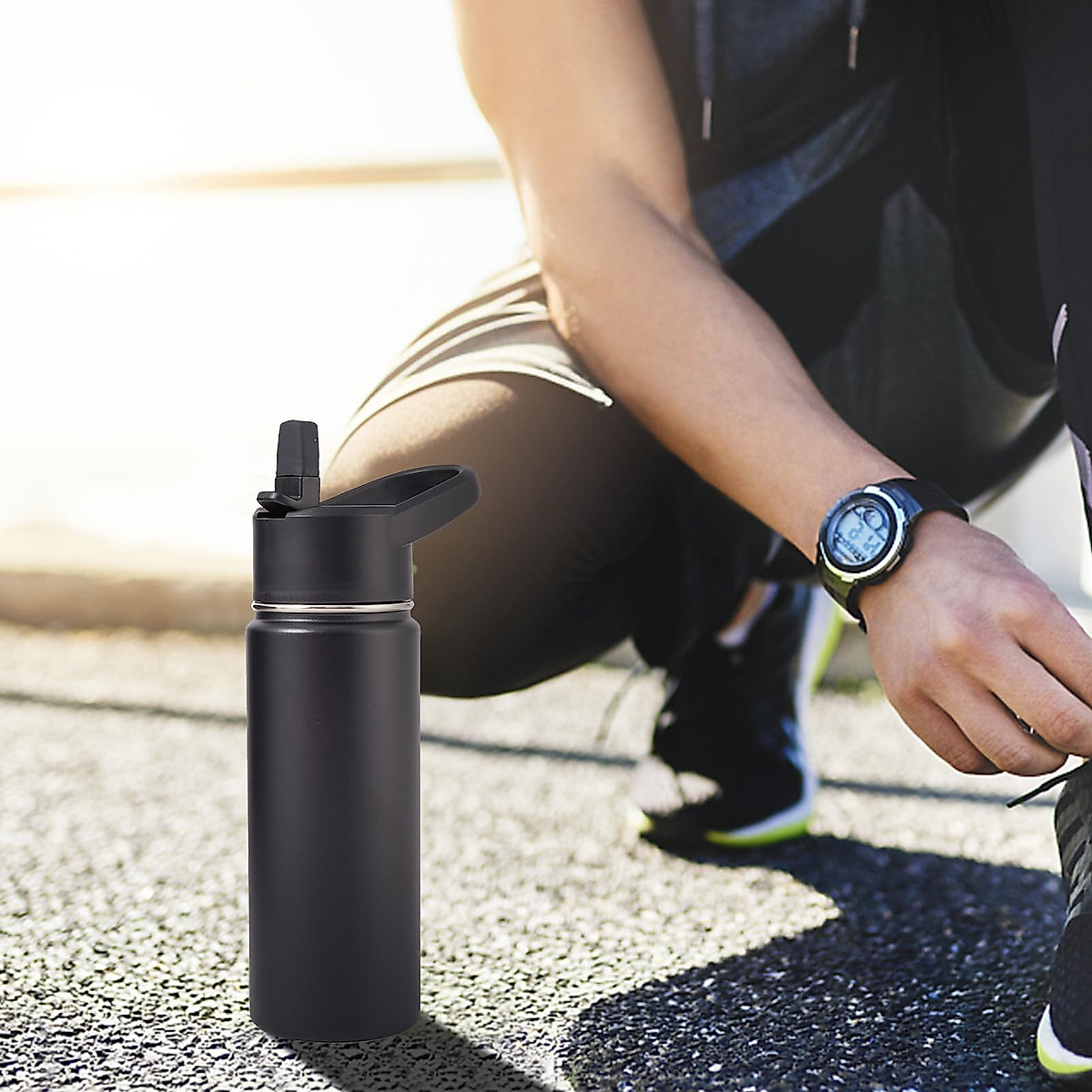 Kerilyn 18 oz Insulated Water Bottle With Straw, Stainless Steel, Vacuum Double Walled Leak Proof Sports Water Cups Flask with 2 Lids (Straw, Spout), Sweat-Proof BPA-Free, Black