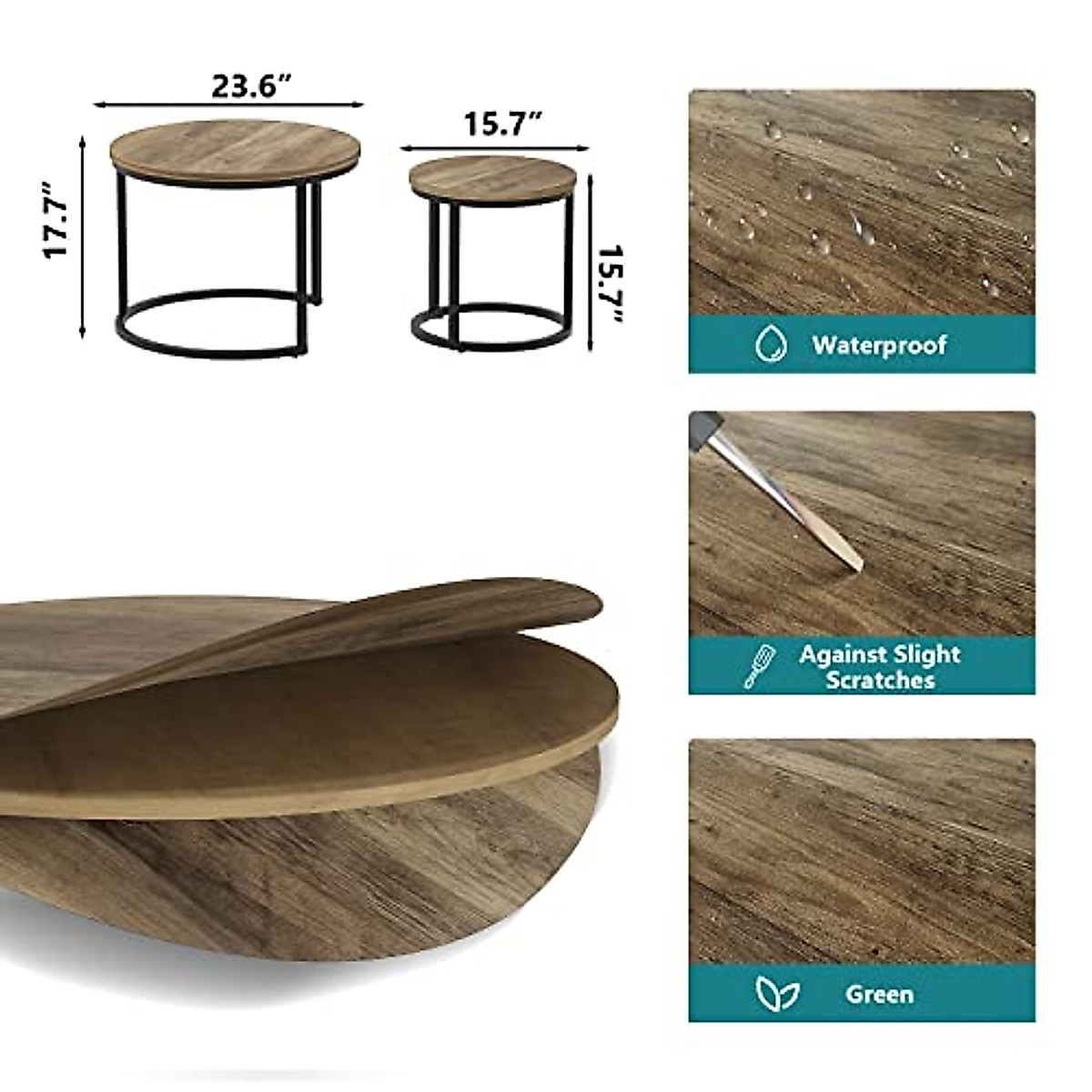 Smuxee Nesting Coffee Table Set of 2, 23.6" Round Coffee Table Wood Grain Top with Adjustable Non-Slip Feet, Industrial End Table Side Tables for Living Room Bedroom Balcony Yard