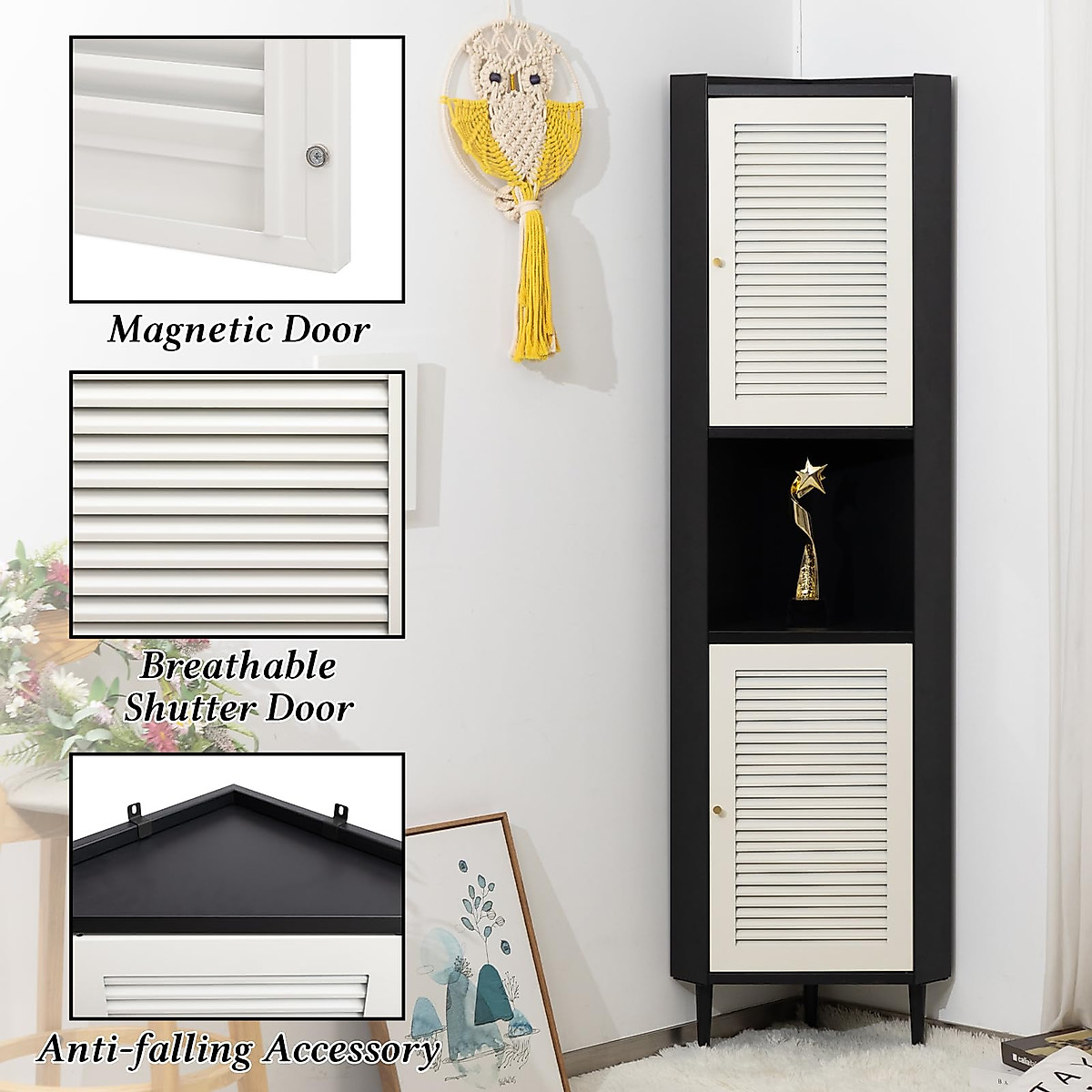 HollyHOME 68.5" Tall Corner Metal Storage Cabinet, Narrow Linen Tower Cabinet with Shelf and Shutter Door, Freestanding Floor Slim Organizer Cupboard for Living Room, Kitchen Pantry, Black&White