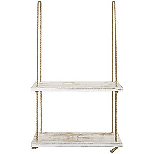 MyGift Shabby Chic Whitewashed Wood 2 Tier Floating Shelves Bathroom Shelf with Hanging Rope, Decorative Swing Display Shelf for Kitchen, Bedroom and Living Room